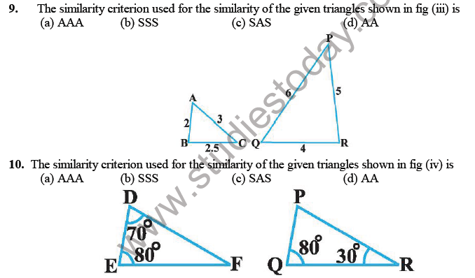 CBSE Class 10 Mathematics Triangles MCQs Set A with Answers